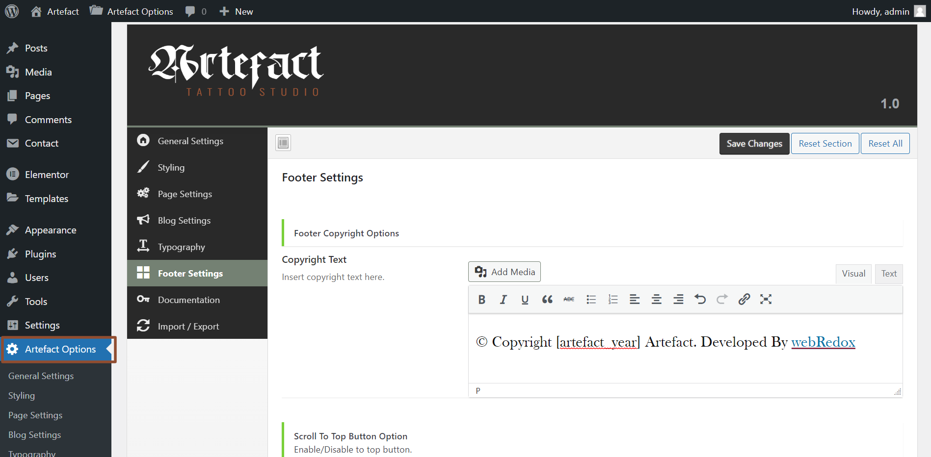 Footer Settings – Artefact Theme Documentation